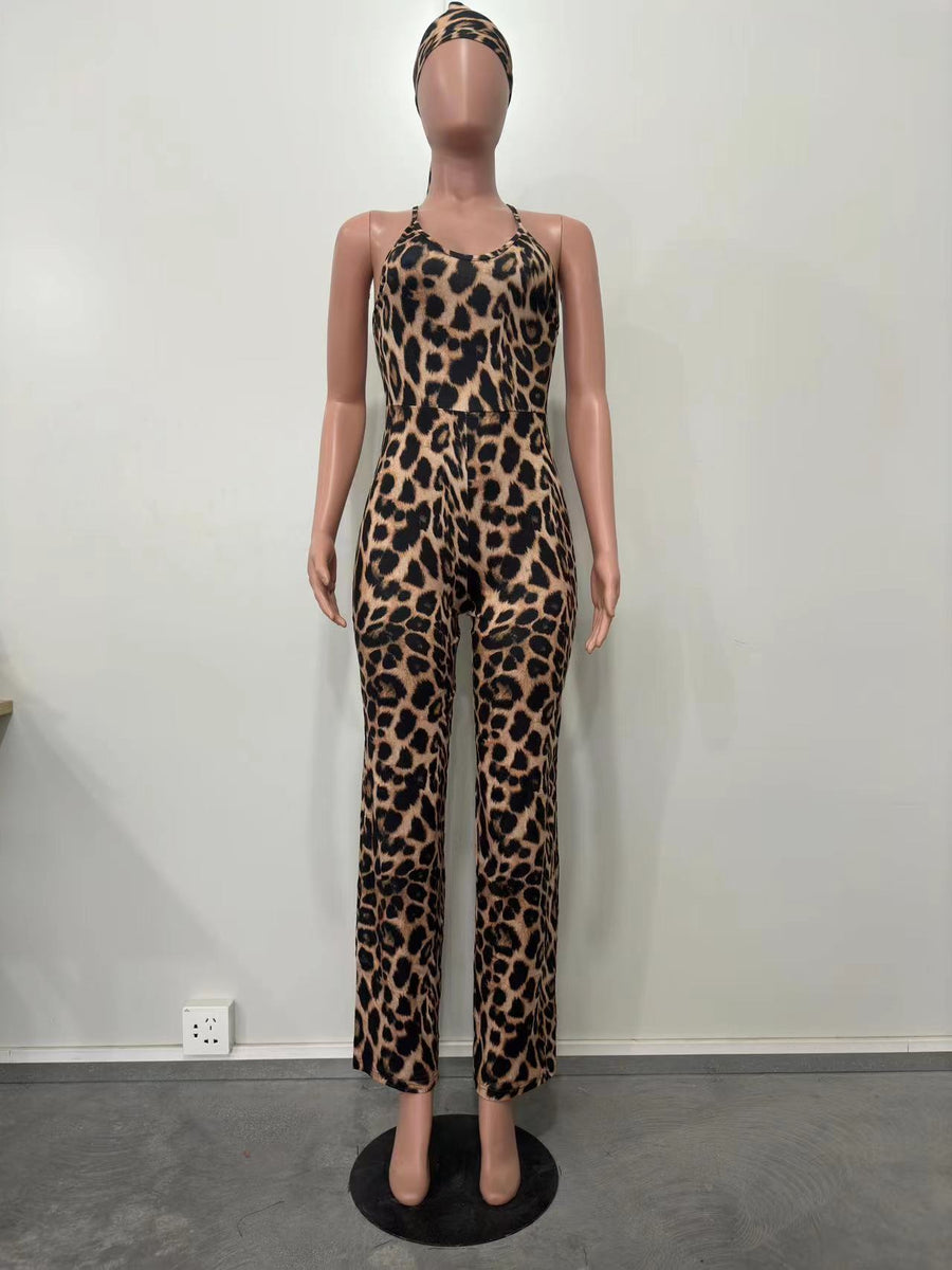 Leopard print women's suspender jumpsuit (with headscarf) AY2924 ...