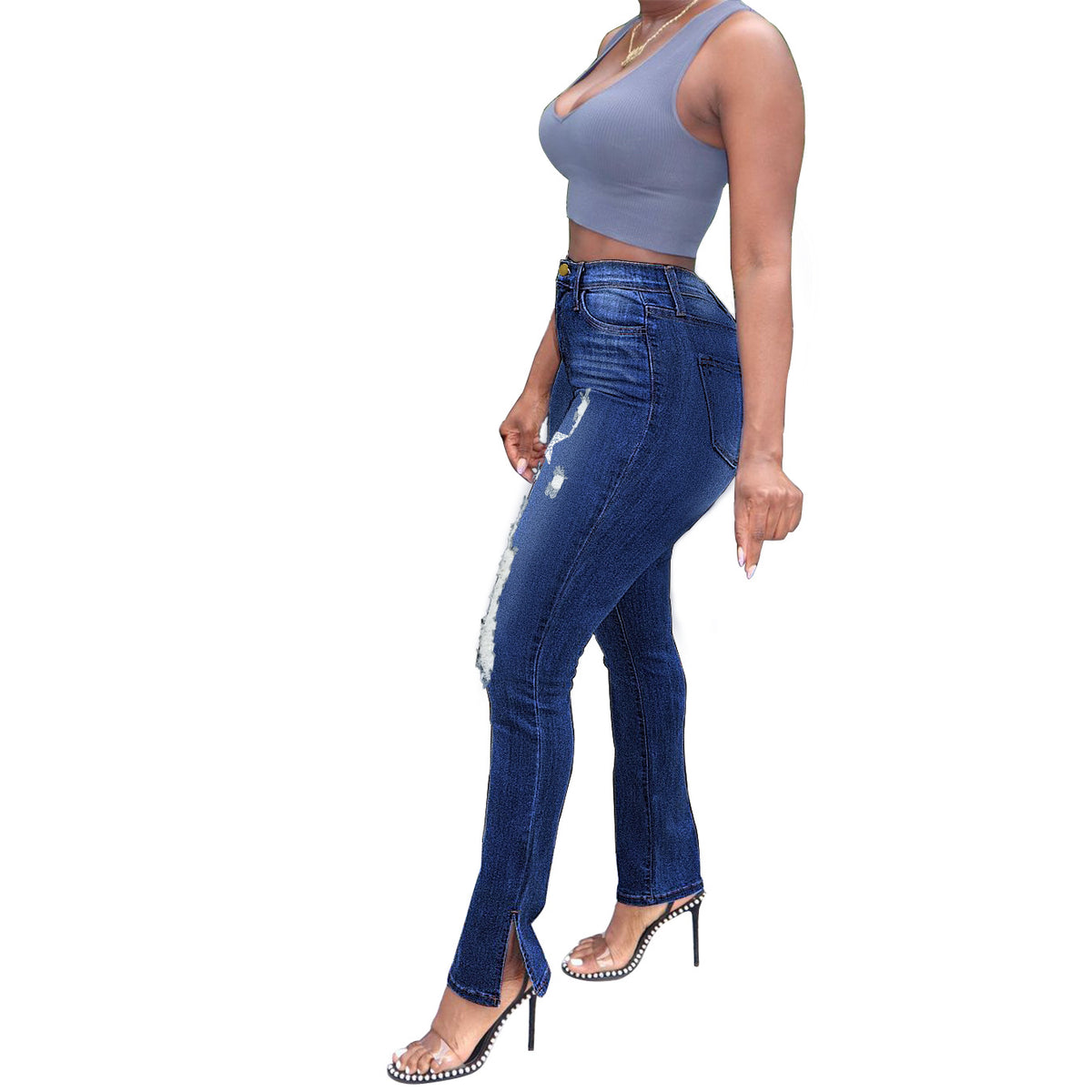 Fashion micro-stretch star ripped jeans（AY1734） – AphroditeWholesales