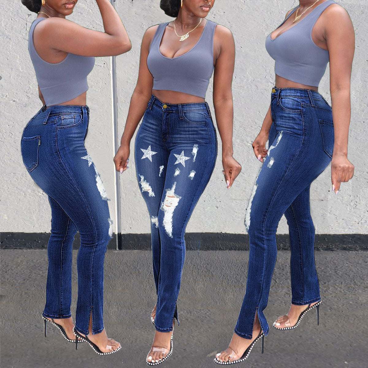 Fashion micro-stretch star ripped jeans（AY1734） – AphroditeWholesales